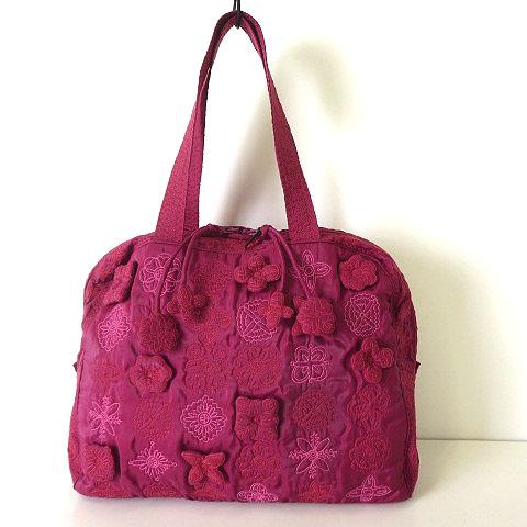 【中古】イッセイミヤケ ISSEY MIYAKE タマシャ TaMaSHa バッグ ハンドバッグ 花柄 ビリ ミシンステッチ刺繍 赤ピンク