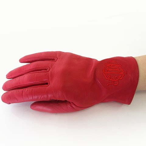 【中古】クリスチャンディオール Christian Dior レザー グローブ 手袋 本革 ラムレザー ロゴ刺繍 20 赤 レッド 美品