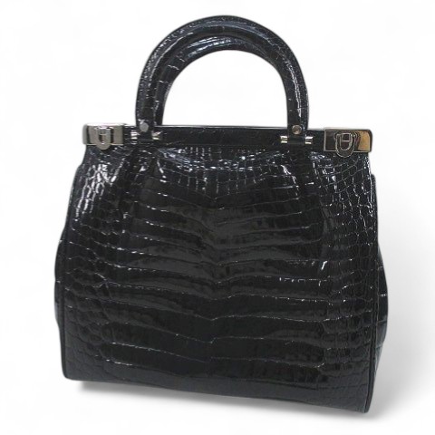 【中古】WATA-ICHI ワタイチ ハンドバッグ シルバー金具 ブラック 黒系 クロコダイル レザー レディース