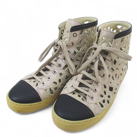 【中古】シャネル CHANEL ハイカットスニーカー レースココマーク ベージュ 黒 レザー イタリア製 カットワーク