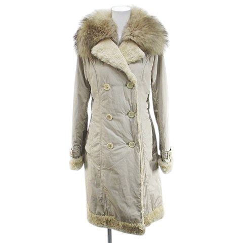 【中古】エポカ EPOCA パデットコート ロング丈 ラクーンファー ラビットファー 毛皮 40 ベージュ系 裏地 レディース