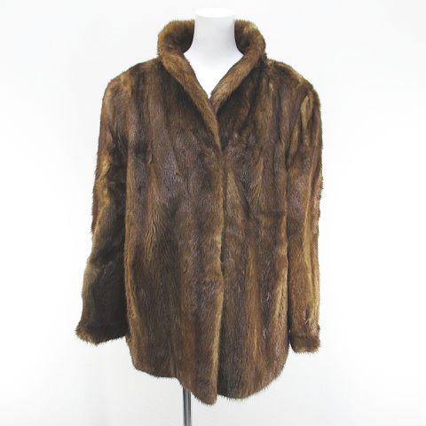 【中古】毛皮コート ミンクファー ミディアム丈 茶系 ブラウン ホック 裏地 レディース