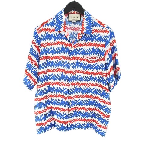 【中古】グッチ GUCCI 747039 ZAMTY LOVES YOU 半袖 シャツ 絹 シルク 44 青系 ブルー イタリア製 胸ポケット 総柄 国内正規 メンズ