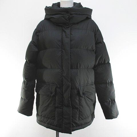 【中古】デンハム DENHAM ダウンコート ミドル丈 36 ブラック フード ジップアップ 切替 ロゴ タグ 裏地 レディース