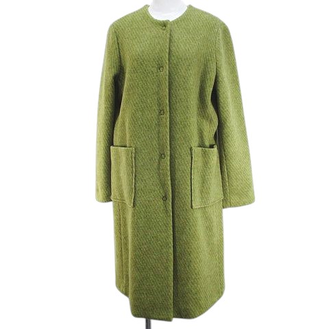 【中古】未使用品 イルヴェントアンドラセータ ノーカラー コート ロング丈 M グリーン 総柄 スナップボタン 裏地
