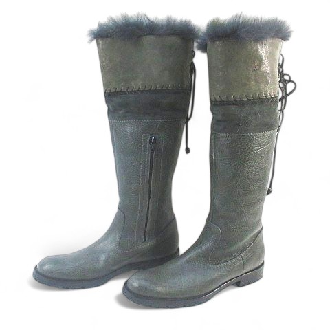 【中古】エンリーベグリン henry beguelin ロングブーツ レースアップ ファー ステッチ 39 カーキ レザー スエード