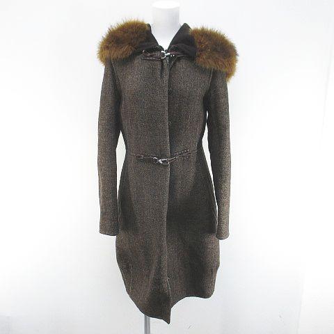 【中古】エルマノシェルビーノ ERMANNO SCERVINO ヘリンボーン柄 ロングコート ファー 40 茶 ブラウン イタリア製 毛