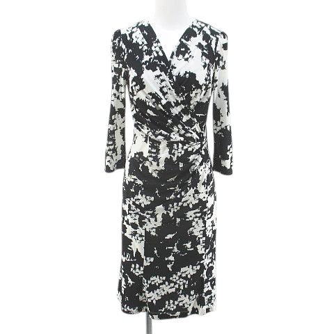 【中古】ケイミー Kay me 七分袖 膝丈 フレアワンピース ワンピ 7 黒 ブラック 日本製 ストレッチ 総柄 レディース