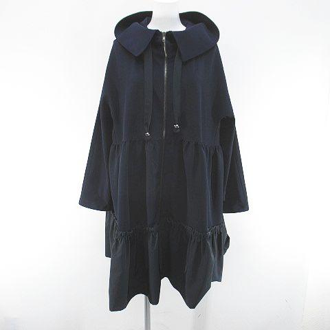 【中古】トレフル trefle コート フーディー ロング丈 薄手 フレア F 紺系 ネイビー ジップアップ 無地 レディース
