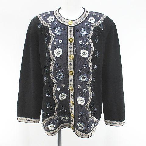 【中古】未使用品 センサフィーネ Senzafine 花柄 フラワー 長袖 カーディガン ニット 13 黒系 ブラック ビーズ 刺繍