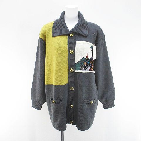 【中古】未使用品 AVUE D'OEIL 風景柄 長袖 カーディガン ニット ミディアム丈 45 グレー 裏地 タグ付 レディース