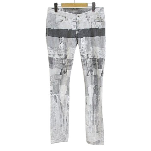 【中古】イッセイミヤケ ISSEY MIYAKE IM31FF033 水墨画デザイン ロングパンツ デニム調 ジップフライ 2 灰系