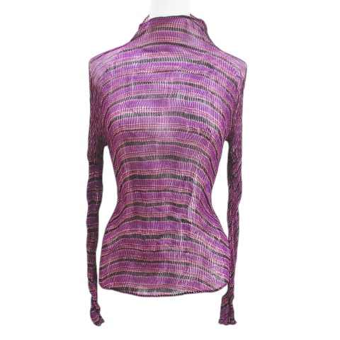 【中古】イッセイミヤケ ISSEY MIYAKE FETE IF74FJ797 ボーダー 長袖 カットソー プリーツ ハイネック 2 紫系