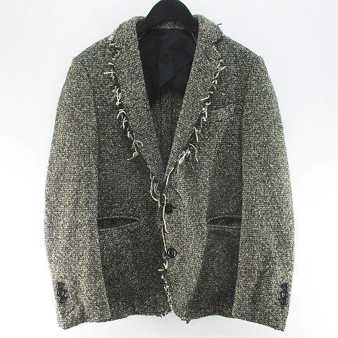 【中古】ユニティ U-Ni-Ty テーラード ジャケット 緑系 グリーン メランジ フリンジ ボタン 裏地 メンズ