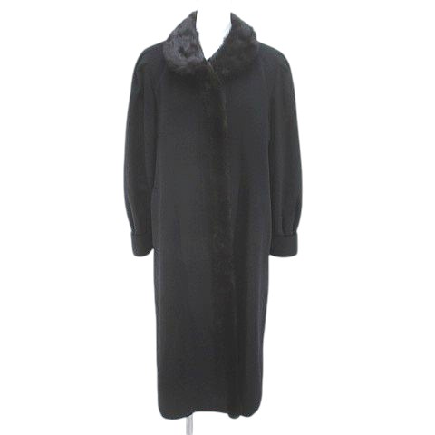 【中古】パリエンヌ PARIENNE コート ミンクカラー ファー 毛皮 比翼 カシミヤ 7 黒系 ブラック ボタン ポケット 毛