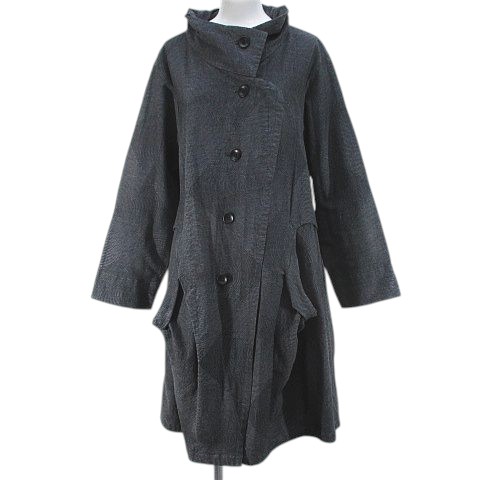 【中古】ジウ 慈雨 変形 デザイン コート ロング丈 40 灰系 グレー 総柄 ボタン ストレッチ 日本製 レディース