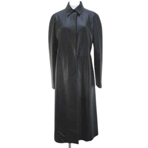 【中古】バリー BALLY ECHT LEDER 本革 レザー ステンカラーコート ロング丈 42 黒系 ブラック 無地 比翼ボタン 裏地
