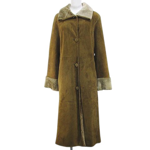 【中古】クリスティア CHRISTIA リバーシブル 羊革 ムートンコート ロング 44 キャメル ファー ボタン 刺繍 ステッチ