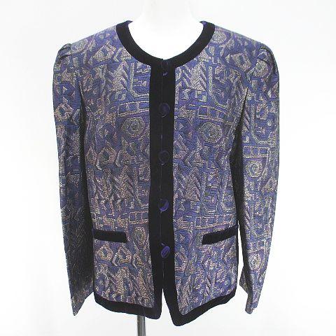 【中古】未使用品 L'AUBE du NONA ノーカラージャケット 絹 シルク 13 紫系 パープル 裏地 総柄 タグ付 レディース
