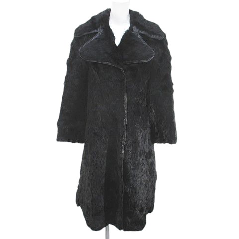 【中古】毛皮コート ラビットファー ロング丈 44 黒系 ブラック ホック ポケット 裏地 レディース
