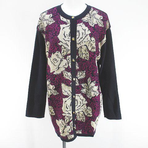 【中古】未使用品 NONA 花柄 フラワー 長袖 カーディガン ニット 13 紺系 ネイビー 毛 ウール タグ付 レディース