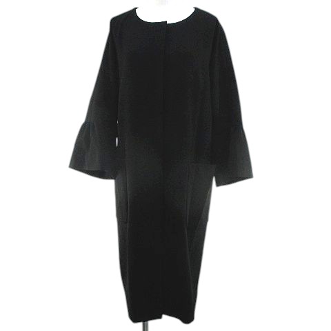 【中古】インゲボルグ INGEBORG ノーカラーコート ロング丈 4 ブラック 無地 スナップボタン フレアスリーブ 裏地