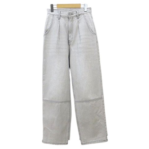 【中古】イエン YENN ワイドデニムパンツ 36 グレー系 タック 切り替え 裾カットオフ ダメージ加工 レディース