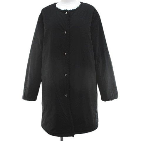 【中古】インゲボルグ リバーシブル ボア ノーカラー コート ミドル丈 黒系 ブラック 無地 フラワー モチーフ ボタン