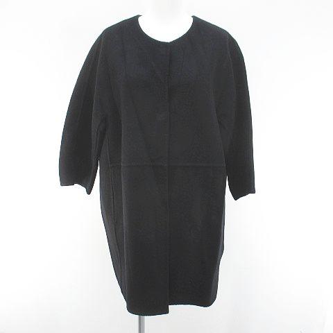 【中古】ミューズ MUSE ノーカラーコート ミドル丈 比翼 黒系 ブラック ロゴプレート スナップボタン ポケット 毛