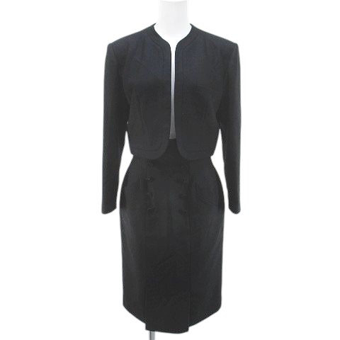【中古】ハナエモリ HANAE MORI セットアップ ノーカラージャケット ショート丈 膝丈 タイトスカート 前開き 黒