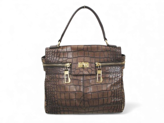 【中古】マックスマーラ MAX MARA ハンドバッグ トートバッグ クロコ型押し ゴールド金具 ブラウン 茶系 レザー