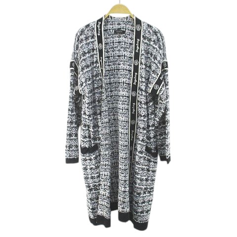 【中古】インゲボルグ INGEBORG 長袖 ロングカーディガン ニット 前開き 灰系 グレー ポケット 総柄 レディース