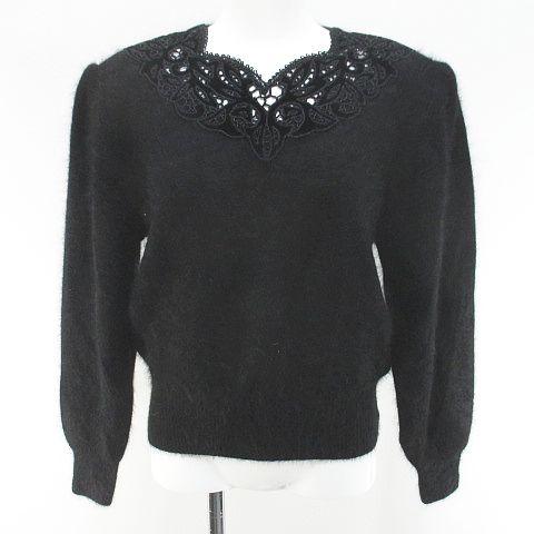 【中古】未使用品 アーダモア Ada More 長袖 ニット セーター 黒系 ブラック レース 刺繍 ビーズ 肩パット 毛 ウール