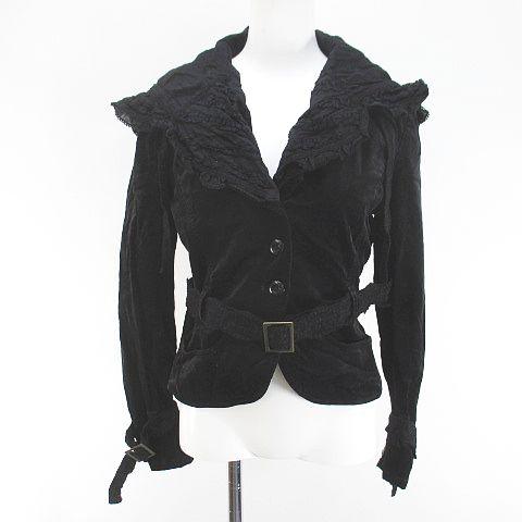 【中古】ピンクハウス PINK HOUSE ジャケット 薄手 パーカー ベロア ベルベット M 黒系 ブラック ストレッチ レース