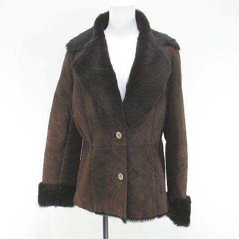 【中古】ロリッティ LORITTI ムートンコート ジャケット ミディアム丈 羊革 40 茶系 ブラウン ポケット 無地 レディース