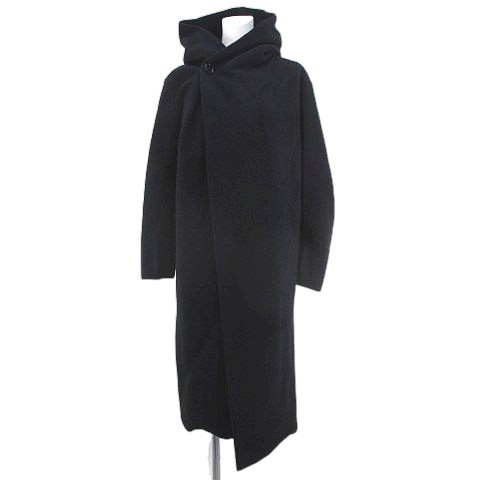 【中古】オールドマンズテーラー R&D.M.Co ウール フェルト ニット フーディ コート ロング丈 M ネイビー 無地 ボタン