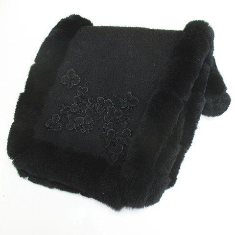 【中古】アンテプリマ カシミヤ ウール マフラー ストール ラビットファー ブラック 花 モチーフ ラインストーン