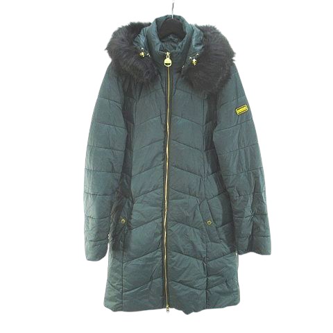【中古】バブアー Barbour LQU1204GN71 パデットコート ロング丈 16 緑系 グリーン ジップアップ ロゴ 文字 ワッペン