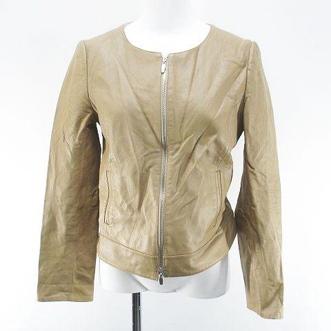 【中古】ブランベール blancvert レザージャケット 革ジャン ノーカラージャケット 羊革 38 ベージュ系 ジップアップ
