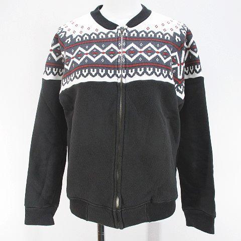 【中古】ウエアハウス WAREHOUSE 雪柄 長袖 スウェット トレーナー 38 黒系 ブラック ジップアップ 裏起毛