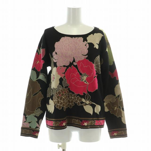 【中古】レオナール LEONARD PARIS ニット 長袖 クルーネック ラメ 花柄 ウール 40 L 黒 ブラック マルチカラー