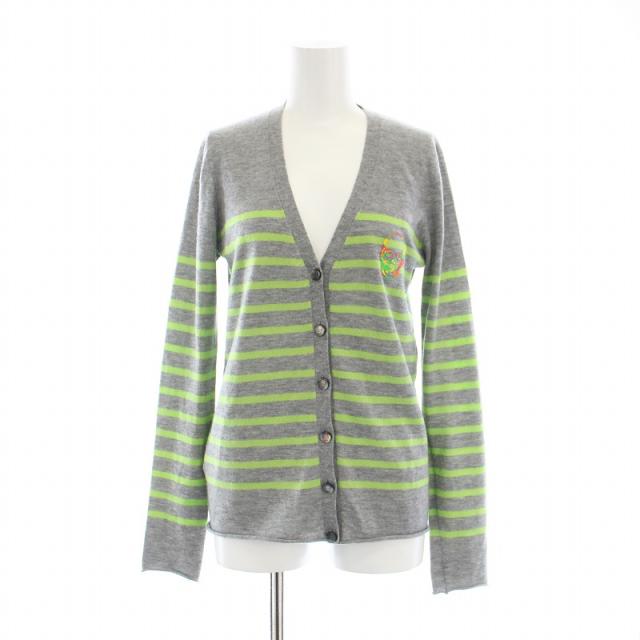 【中古】ルシアンペラフィネ ニットカーディガン 長袖 Vネック ボーダー柄 ドクロ スカル 刺繍 薄手 S グレー 黄緑