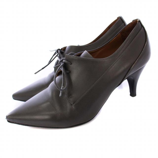 【中古】エルメス HERMES レースアップパンプス ポインテッドトゥ ピンヒール レザー 35.5 グレー /KH レディース