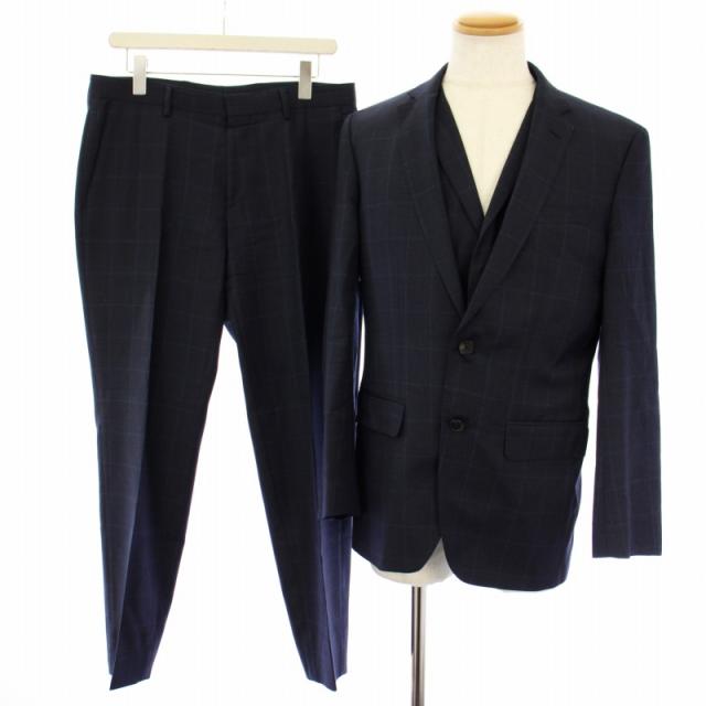 【中古】ヒューゴボス ウインドウペン スリーピース スーツ 上下 ジャケット ベスト パンツ 48 ネイビー メンズ