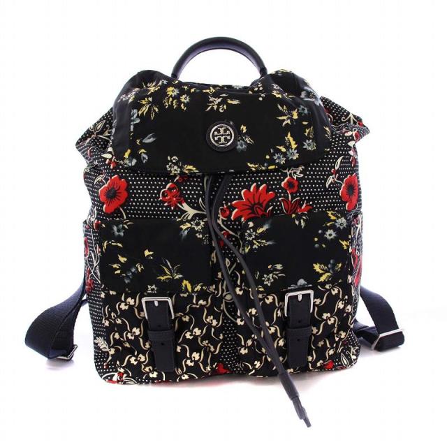 【中古】トリーバーチ TORY BURCH フローラルプリントバックパック リュックサック デイパック ブラック