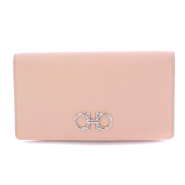 【中古】サルヴァトーレフェラガモ ガンチーニ 長財布 ロングウォレット 二つ折り レザー ロゴ 装飾 ピンク 22D779