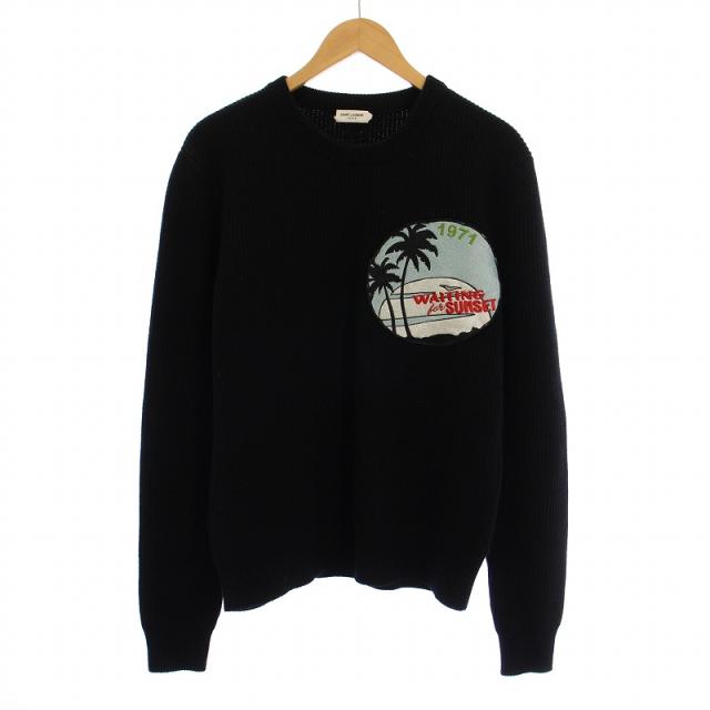 【中古】サンローラン パリ Waiting for Sunset リブニット セーター 長袖 クルーネック ワッペン 刺繍 ウール M 黒