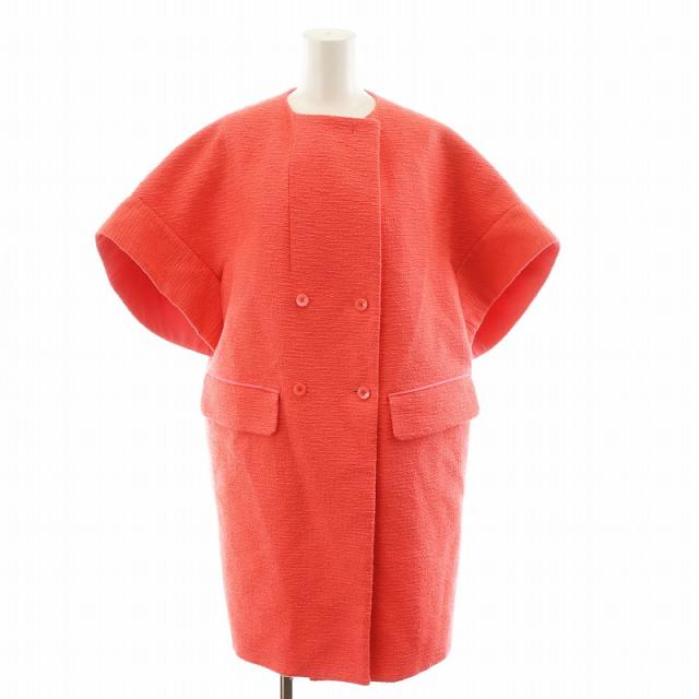 【中古】ドゥロワー Drawer スラブノーカラーショートスリーブジレ コート 半袖 ロング丈 シルク 絹 36 ピンク