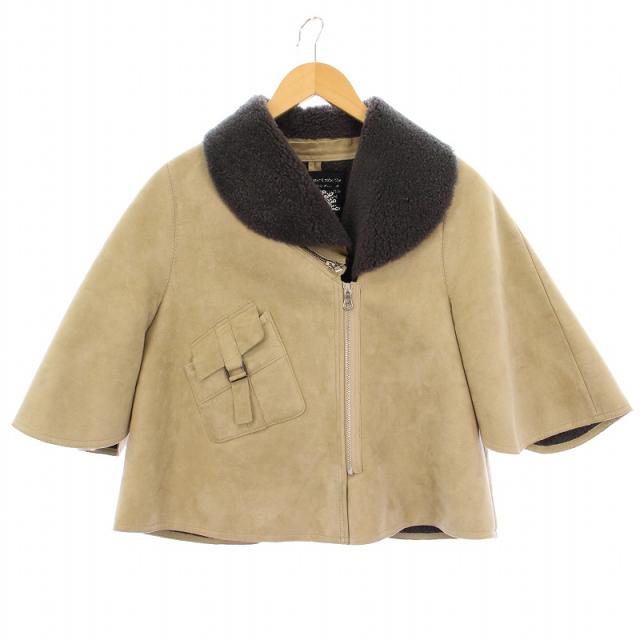 【中古】Dw2R ジャケット アウター 七分袖 ショート丈 ジップアップ 羊革 スエード ボア 切替 38 ベージュ
