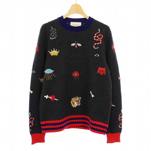 【中古】グッチ GUCCI エンブロイダリー ニット セーター 長袖 アイコン刺繍 XS ダークグレー 474123 /KH メンズ